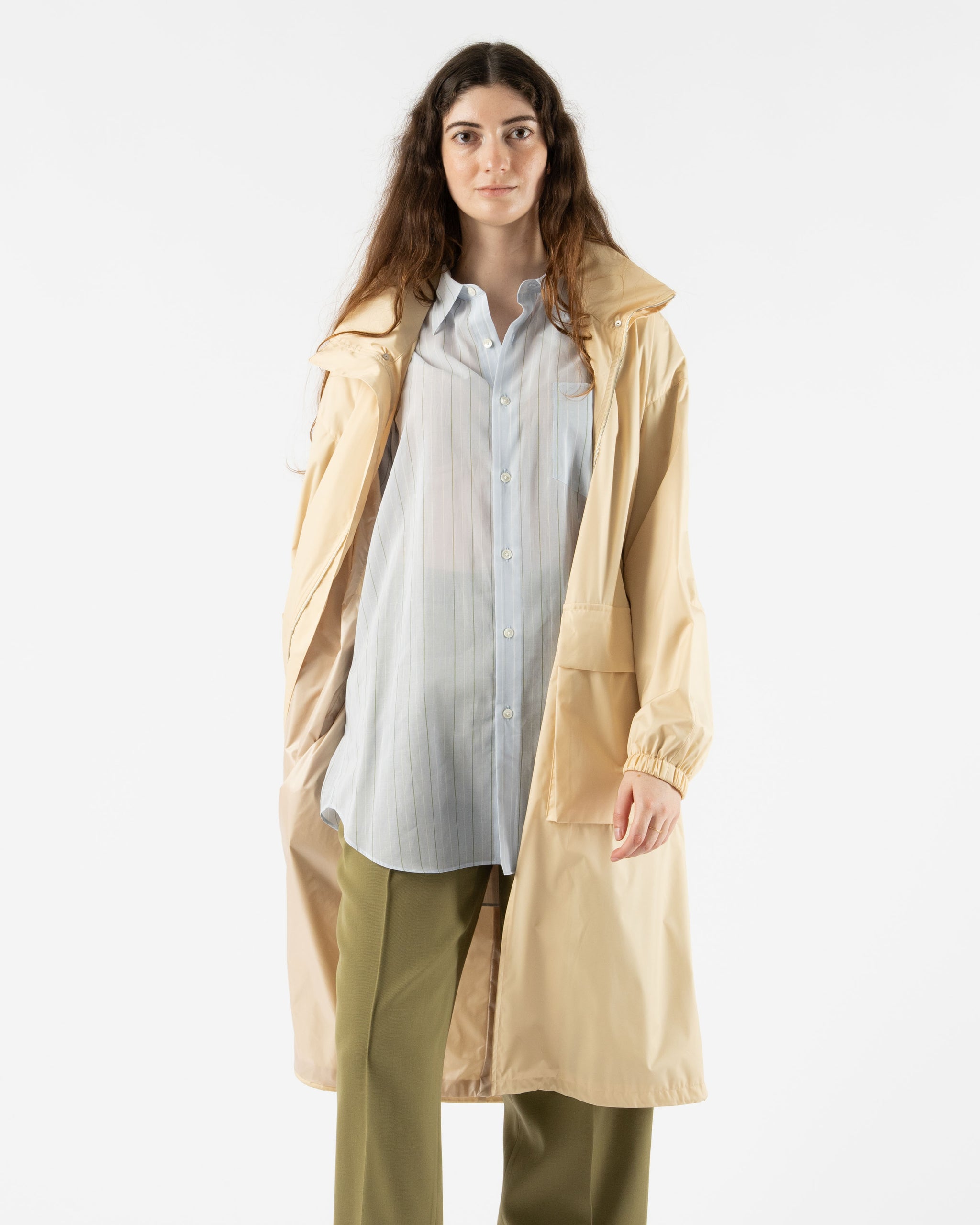Auralee Hard Twist Polyester Satin Laminate Zip Coat in Light Beige Curated at Jake and Jones