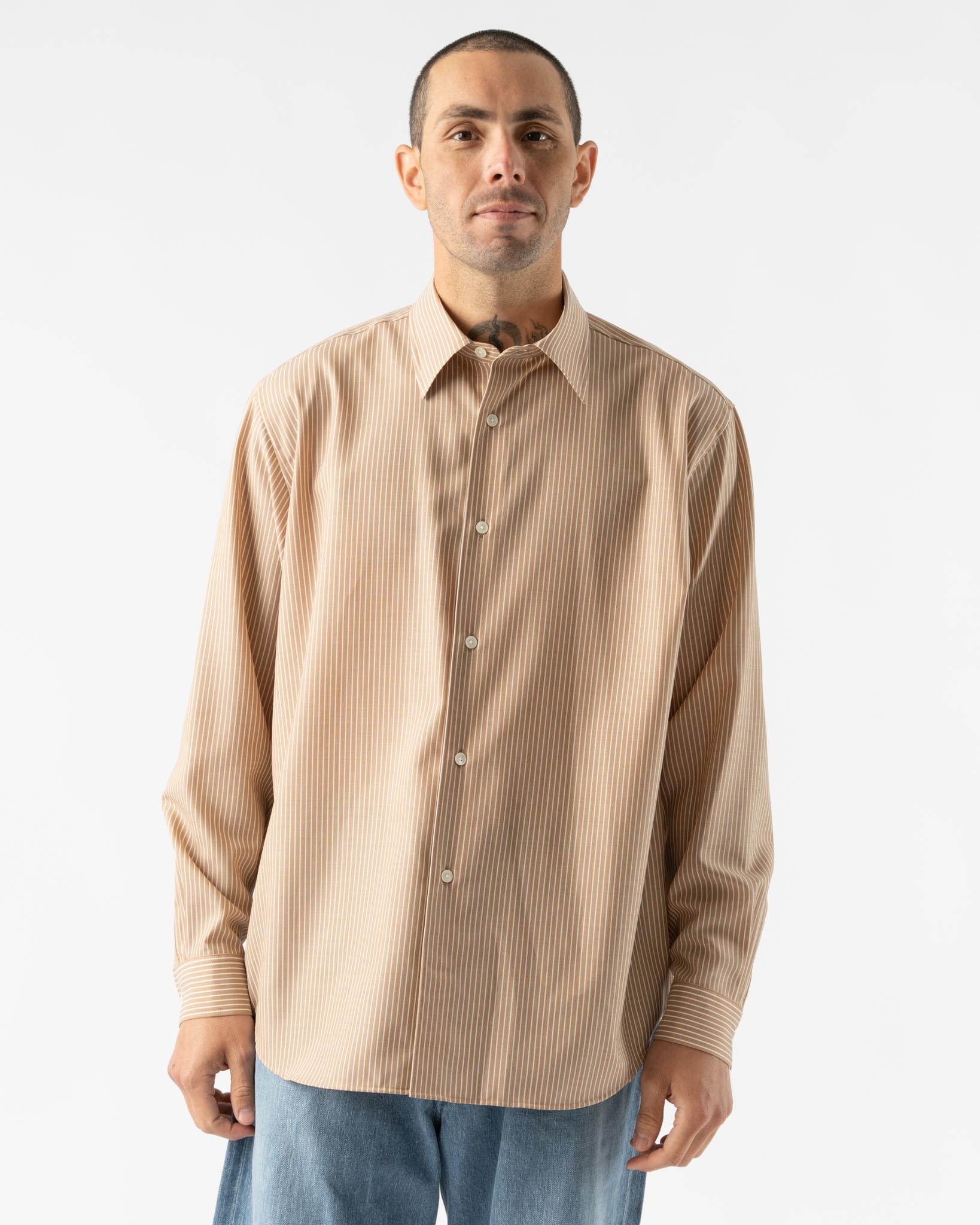 Auralee Super Fine Wool Striped Shirt in Light Brown Stripe Curated at Jake and Jones