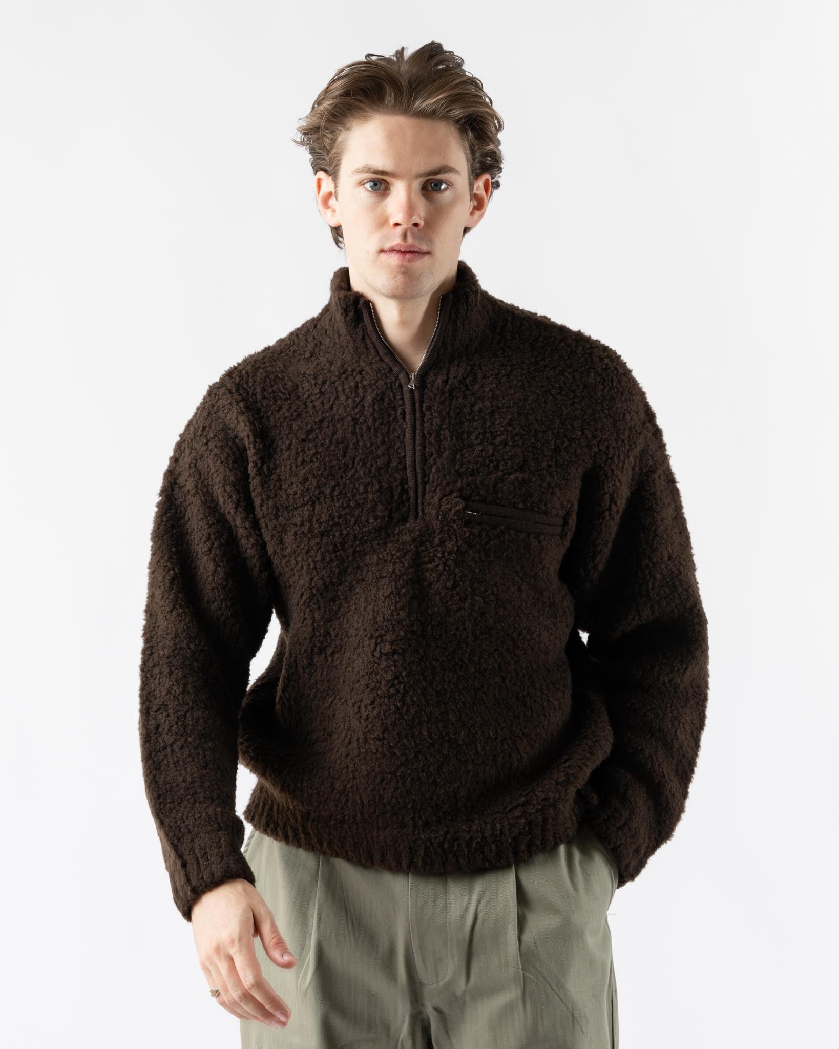 Auralee Merino Wool Boa Knit Half Zip Pull Over in Dark Brown Curated ...
