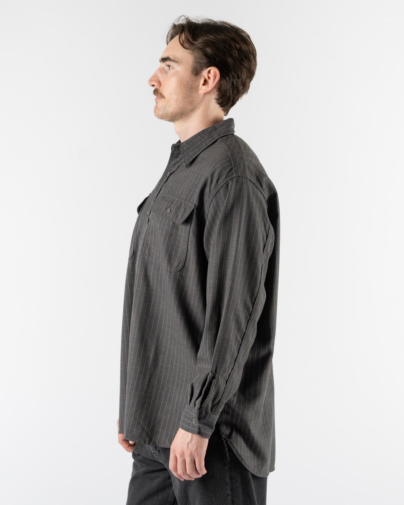 Beams Plus Work Uniform Serge Shirt in Grey/Pink Line Curated at Jake ...