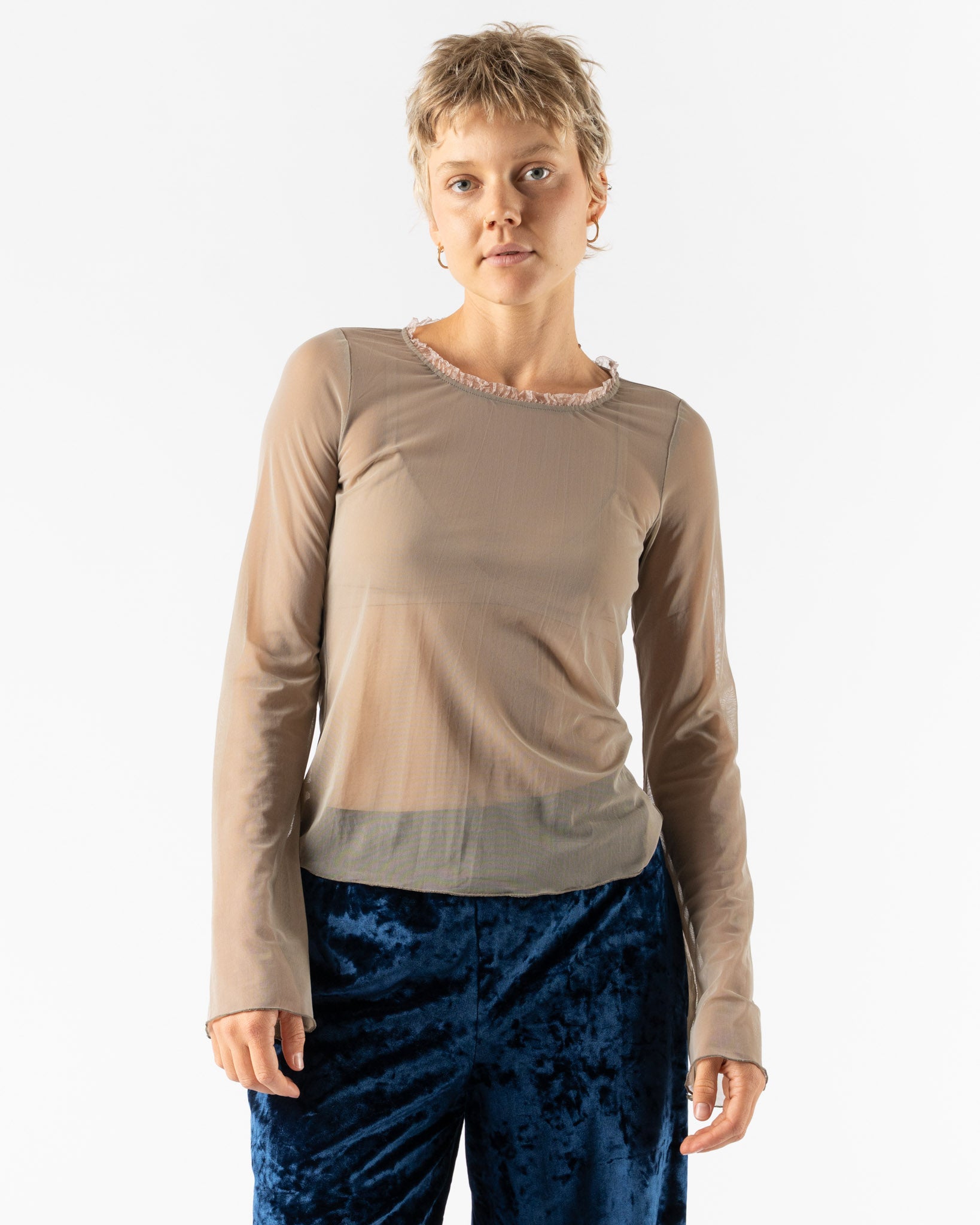 Simone Wild Mesh Frill LS in Fango Curated at Jake and Jones