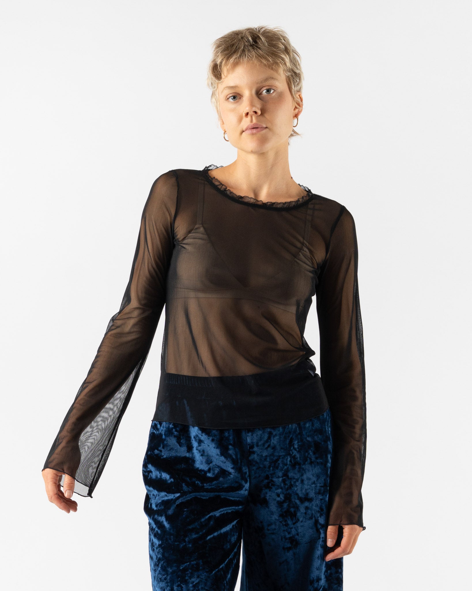 Simone Wild Mesh Frill LS in Black Curated at Jake and Jones