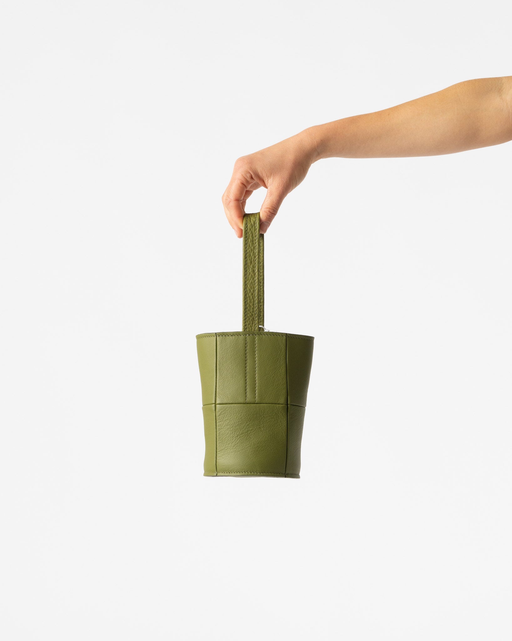 Cawley Mini Patchwork Leather Bucket Bag in Green Curated at Jake and Jones