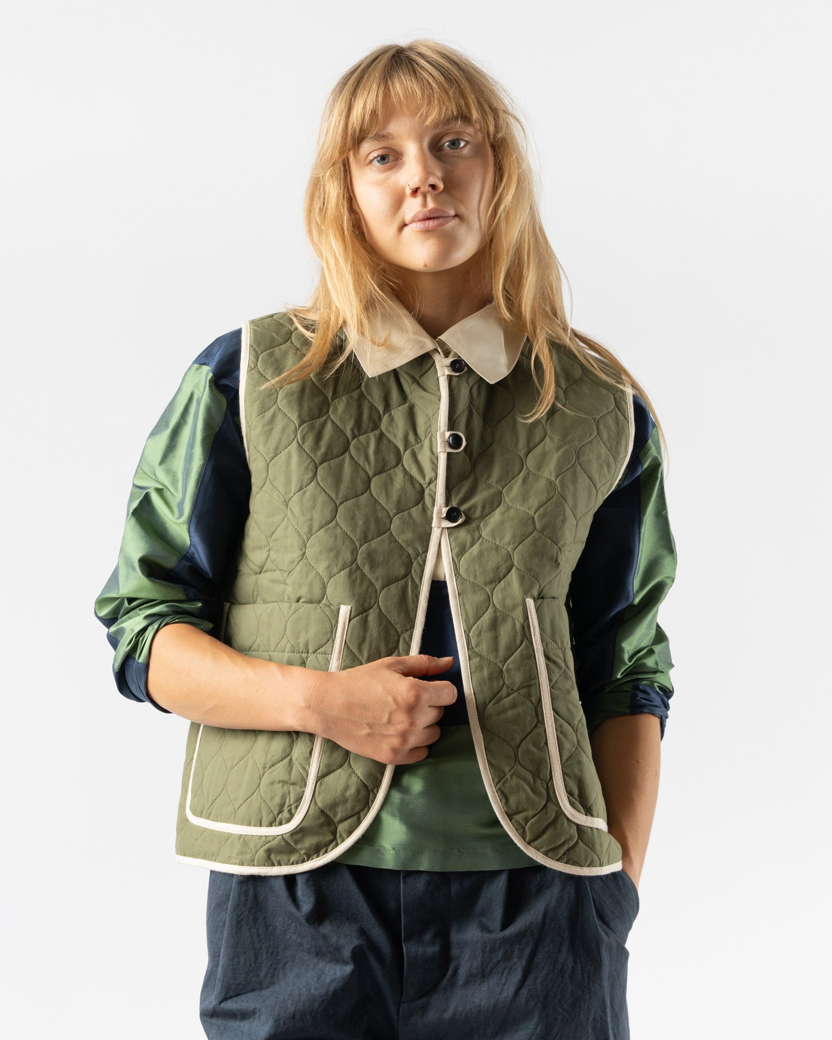Cawley Imogen Vest in Army Curated at Jake and Jones